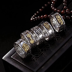 JUNTEN 990 Sterling Silver Feng Shui Dragon Mantra Ring for Women Men Buddhist Mani Adjustable Ring Wealth Lucky Jewelry