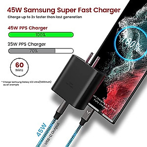 S23 S22 Ultra Charger, 45W USB-C Super Fast Charger Type C PPS/PD Wall Charging Block for Samsung Galaxy S23 Ultra/S23+/S22 Ultra/S22 Plus/S22/S21/S20 Ultra/Note 10+, Galaxy Tab 8(6.6ft Cable, Black)