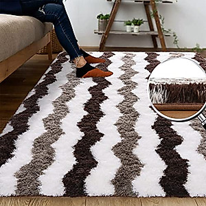 DweIke Super Soft Shaggy Rugs Carpets, 3x5 Feet, Plush Area Rugs for Living Room Bedroom, Fluffy ​Rug for Girls Kids Room, Shag Plush Rug for Teen Room Decor, Stripe Brown