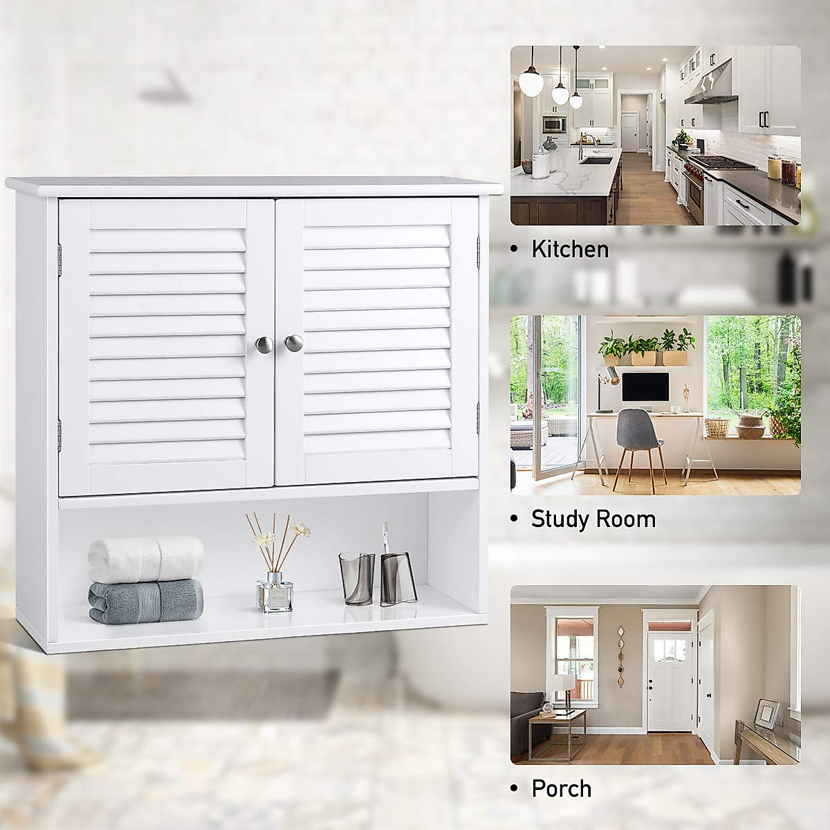 Tangkula Bathroom Wall Cabinet, Wooden Hanging Medicine Cabinet with Double Shutter Doors and Adjustable Shelf, Wall Mounted Bathroom Cabinet with Open Shelf, 26 x 8.5 x 25 Inches, White