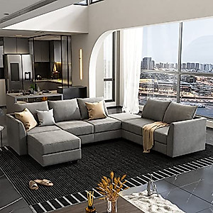 HONBAY Modern Fabric Corner Sectional Sofa Modular Sectional Couch with Ottoman U Shape Sofa 7 Seater Couch with Storage for Living Room, Grey