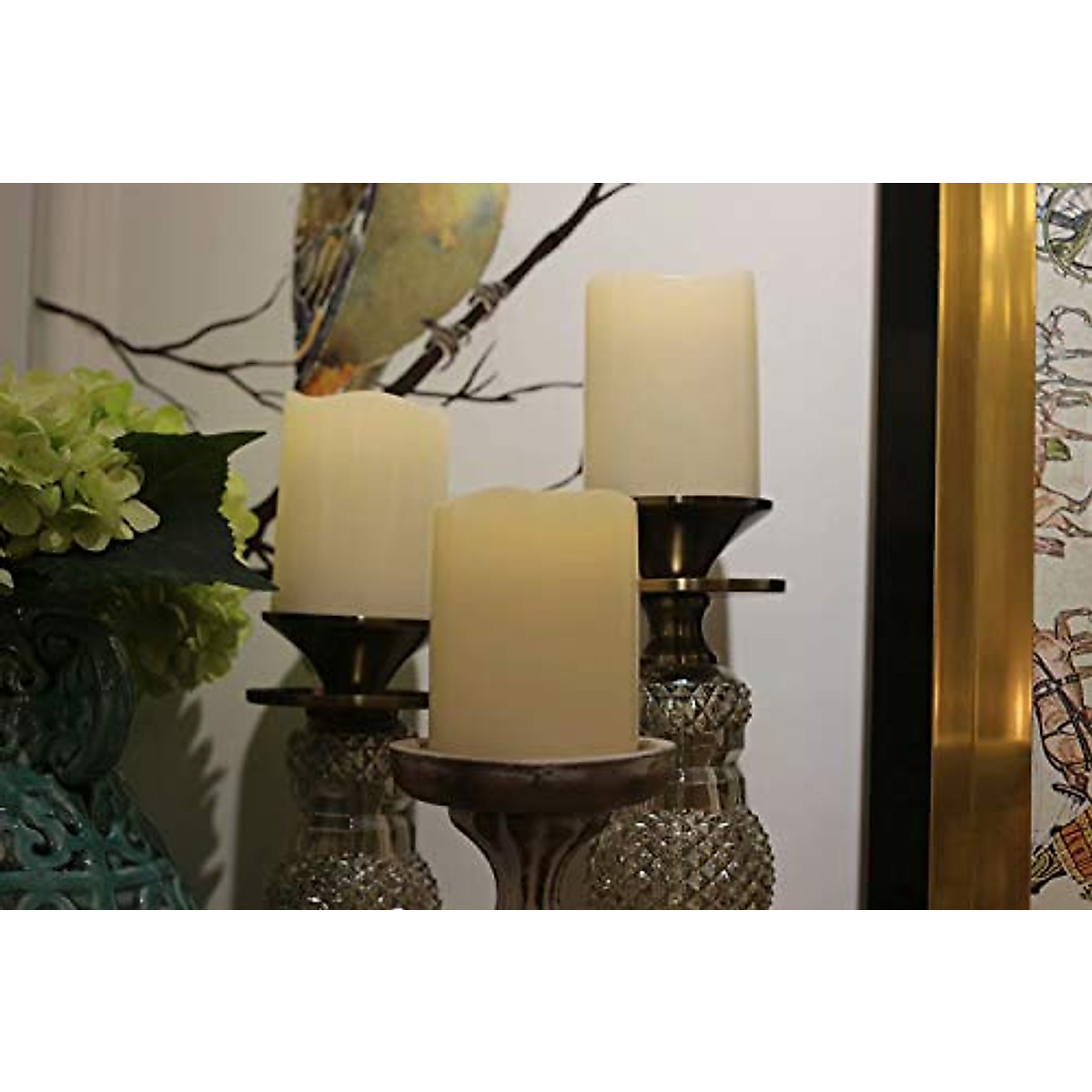 Set of 3 Outdoor IP44 Warm White LED Rainproof Waterproof Flameless Battery LED Pillar Candles with Remote and Timer, Plastic, Won't Melt, Weather Resistant Design 3 x 4", Timer 24hours