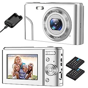 Digital Camera, HUMIDIER FHD 1080P 36MP 16X Digital Zoom Mini Vlogging Video Camera with Battery Charger, Compact Portable Cameras Point and Shoot Camera for Kids,Teens,Beginners (Silver)
