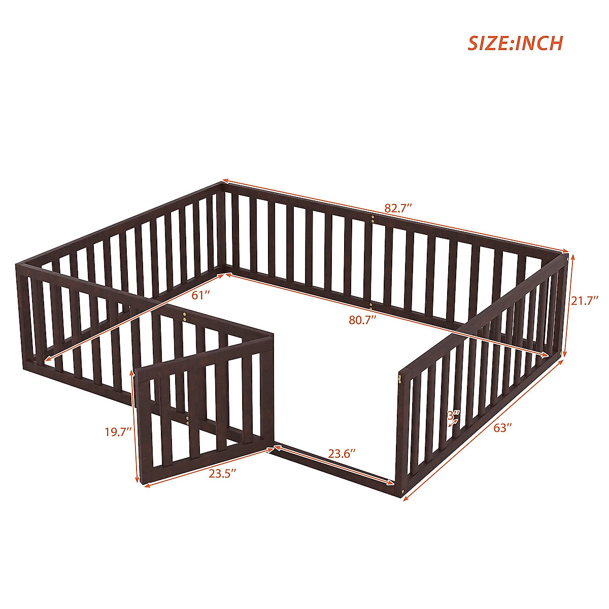 Harper & Bright Designs Queen Size Floor Bed with Rails, Montessori Bed Queen Size Wood Floor Bed Frame with Fence and Door, for Kids Girls Boys (Walnut)