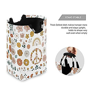 Kigai Laundry Hamper Basket Retro Flowers Peace Sign Collapsible Nursery Storage Bin Waterproof Clothing Baskets for Home Bedroom Bathroom Washing Room