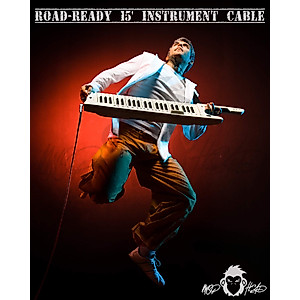 Mophead 15-Foot Guitar Instrument Cable - 1/4 Inch TS to 1/4 Inch TS Right Angle Pro Grade Double Insulated Tweed Braided for Electric Guitar, Bass, Amp, Keyboard (Red with Black Stripe)