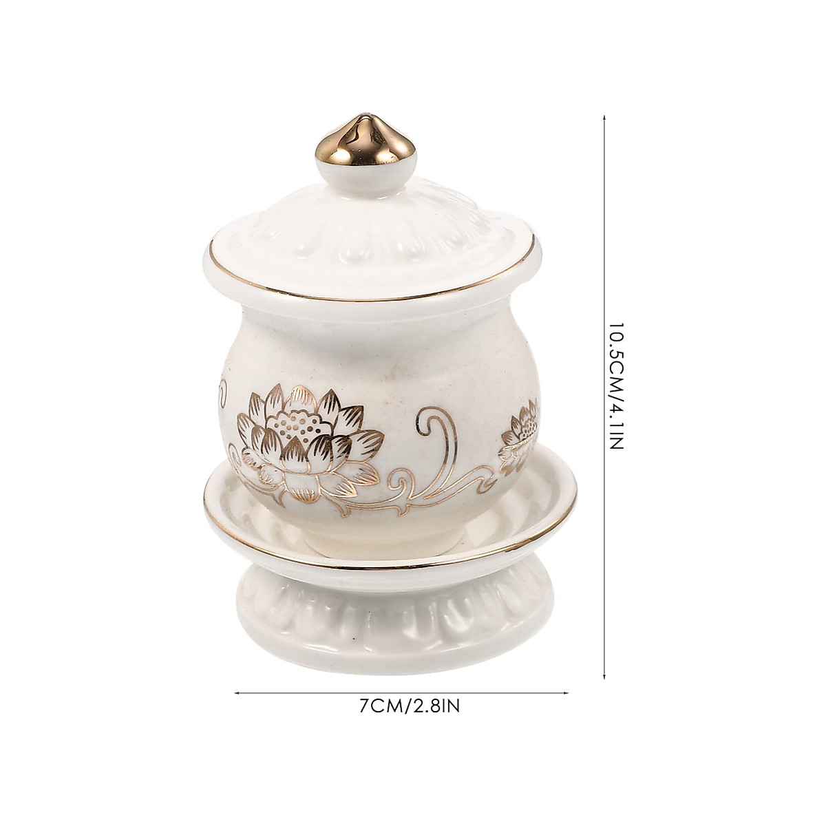 Operitacx Ceramic Holy Water Cup Buddhist Temple Water Bowls Tibetan Buddhist Worship Cup Lotus Printed Offering Cup with Tray for Home Buddhist Supplies White