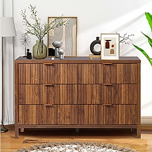 XUZENEST Fluted 6 Drawer Double Dresser for Bedroom, 47" Wide Modern Closet Dressers Chest of Drawers, Wood Storage Dresser Organizer for Nursery Bedroom Living Room Hallway Closet, Walnut