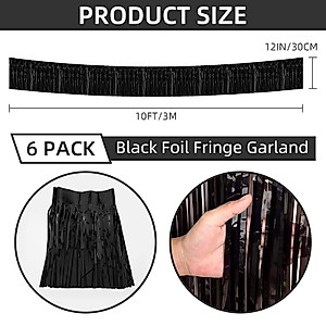 6 Pack 10 Feet Black Foil Fringe Garland Metallic Foil Tinsel Streamers, Wall Hanging Fringe Curtain Backdrop Tinsel Fringe Banner for Parade Floats, Wedding, Birthday, Halloween Party Decorations
