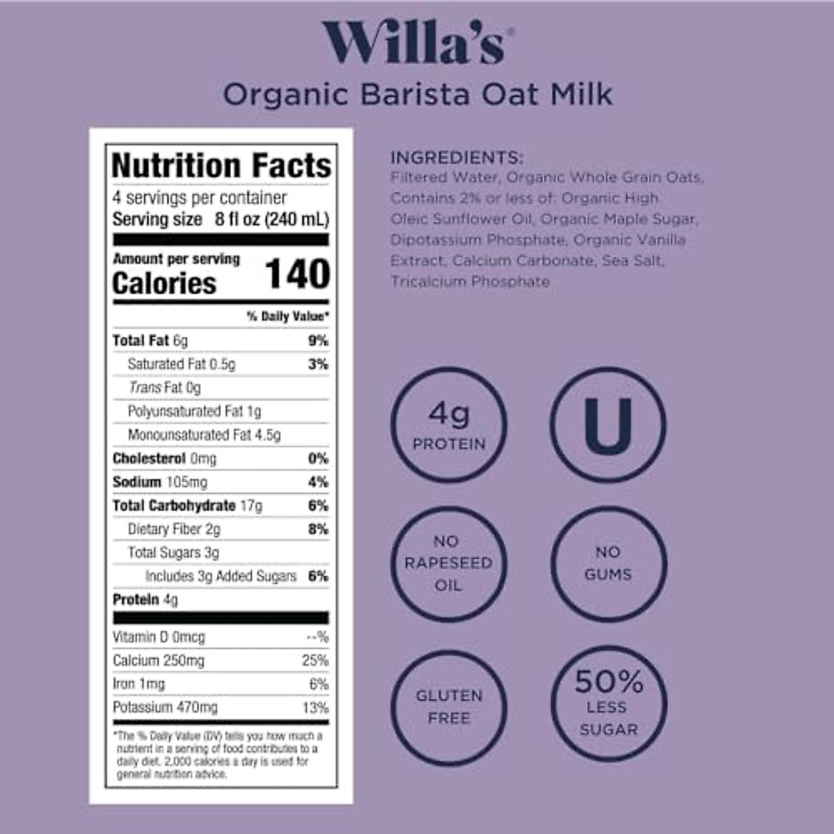 Willa's Organic Barista Oat Milk, Gluten Free, Vegan, Foams & Froths For Coffee Creamer/Matcha, Whole Grain Oats, Maple Sugar, Vanilla Extract, Non GMO, 3g Sugar, 4g Protein, 32 oz, 1 Pack