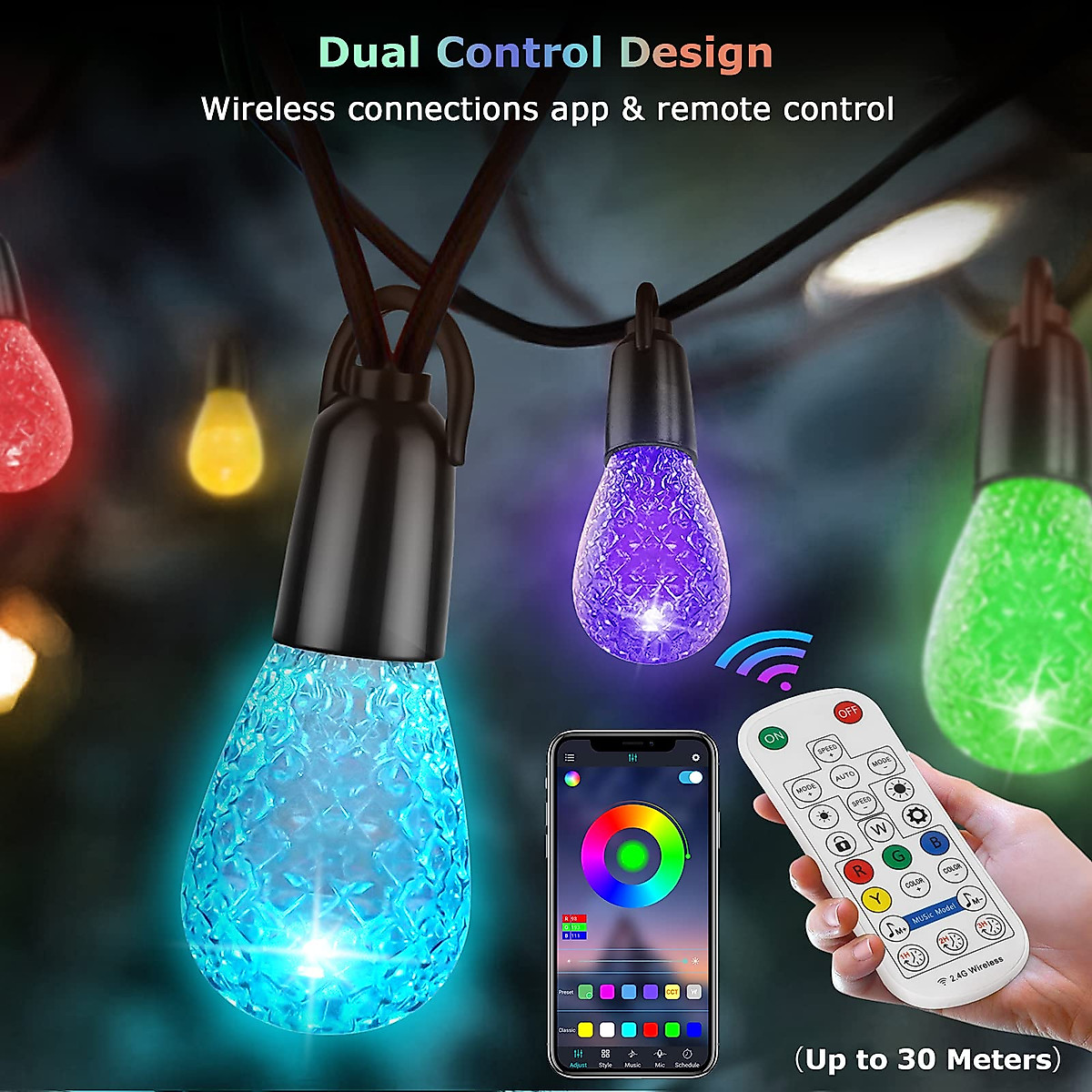 WENSEN Outdoor String Lights, 49FT 25 Bulbs Patio Lights Color Changing with Remote & App Control, IP65 Waterproof, Shatterproof Acrylic Led String Lights for Outside, Patio, Garden, Backyard, Party