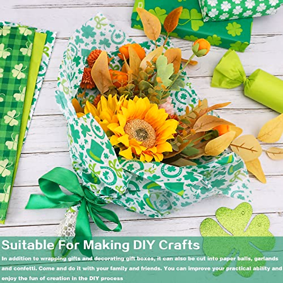 SANNIX 100 Sheets St. Patrick's Day Tissue Paper Irish Shamrock Clover Green Bulk Gift Wrapping Paper for St. Patrick's DIY Crafts Spring Holiday Decoration Gift Packing Favors, 19.7 ×13.8 Inch