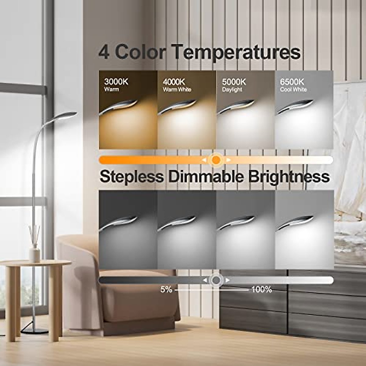 OUTON LED Floor Lamp, 12W 1080LM, Dimmable Adjustable Gooseneck Standing Lamp with 4 Color Temperature, Remote & Touch Control, 1H Timer, Memory Function for Reading Living Room Bedroom Office (Gray)