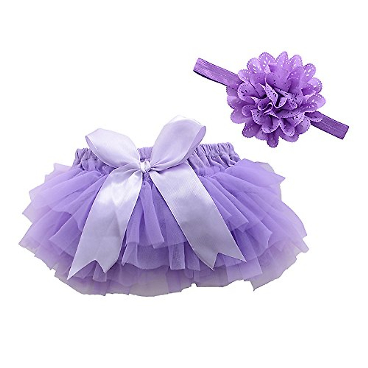 muyan Girls Cotton Tulle Ruffle with Bow Baby Bloomer Diaper Cover and Headband Set (Purple, Newborn-S(0-3Month))