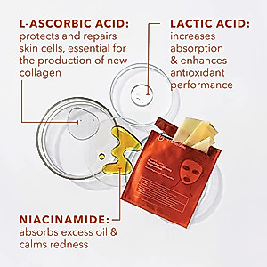 Dr Dennis Gross Vitamin C Lactic Biocellulose Brightening Treatment Mask, Revive Dry, Visibly Damaged Skin, 4 Pack