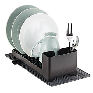 mDesign Compact Kitchen Countertop, Sink Dish Drying Rack with Swivel Spout and Silicone Drying Mat - Drain/Dry Wine Glasses, Bowls and Dishes - Set of 2, Black/Charcoal Gray Drainer and Heat-Safe Mat