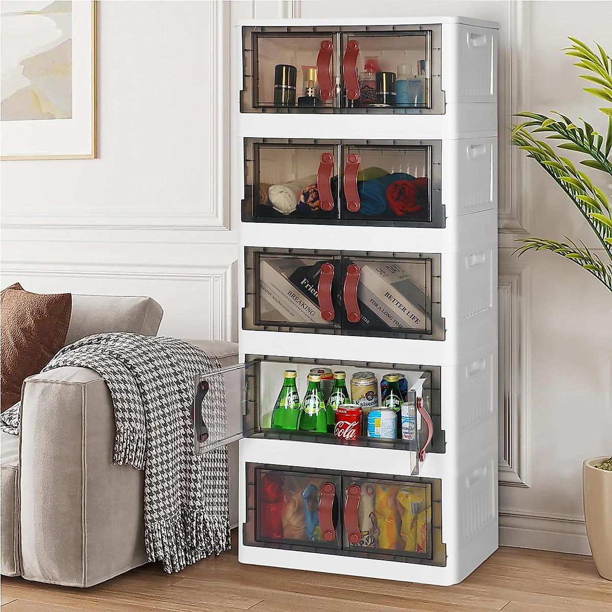 YSSOA Plastic Storage Bins with Lids, 200 Qt (50 Gal) Storage Cabinet, 5 Pack Stackable Beige Closet Organizer, 20.5 x 11.4 x 52.4Inch Foldable Plastic Storage Container with Door