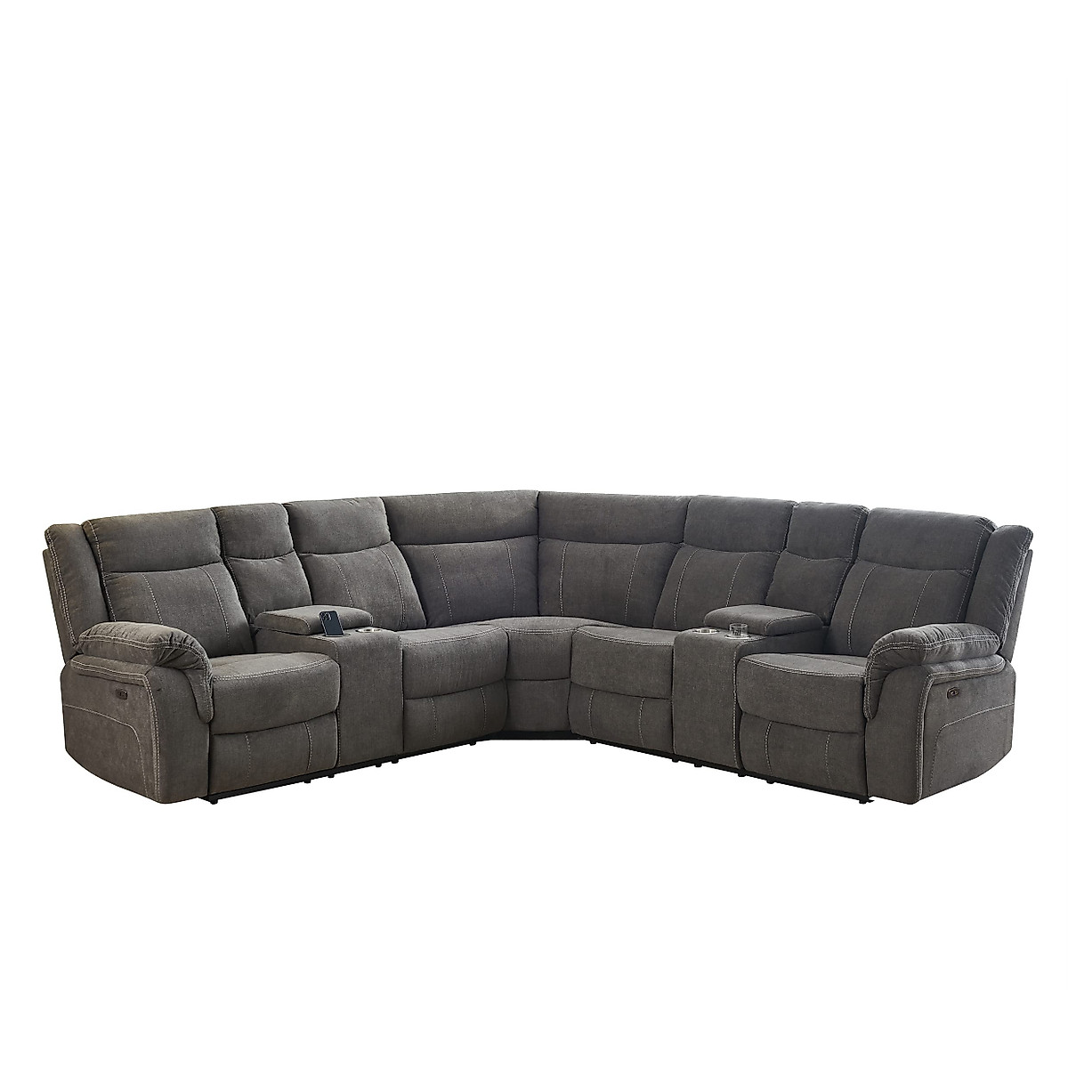 Elountik Modern Fabric Upholstered Power Reclining Sectional Couch with 2 Power Recliners, 2 Storage Consoles, 4 Cup Holders, USB Charging Ports, Gray Frabic
