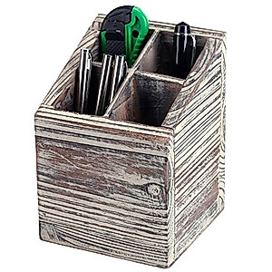 MyGift Square Torched Brown Wood Pencil Cup Pen Holder for Desk with 4 Compartments and Slanted Design, Desktop Office Supplies Storage Box Organizer Bin