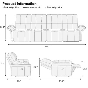 Belffin Brown Leather Recliner Sofa 4-Seater. Office Couch with Recliner, Overstuffed Headrest and Armrest Comfy Recliner Sofa for Living Room.
