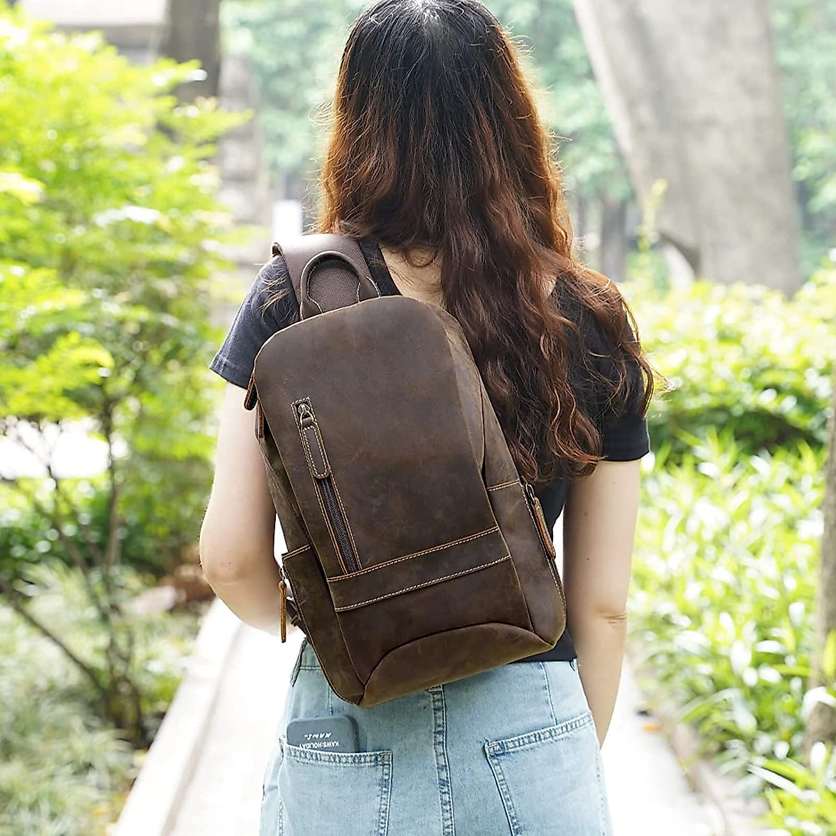 TIDING Vintage Full Grain Leather Sling Bag Travel Hiking Crossbody Chest Daypack For Men