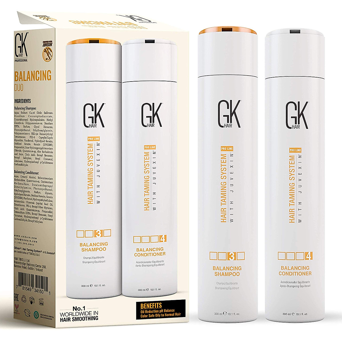 GK Hair Global Keratin Balancing Shampoo and Conditioner 300ml Set & Organic Argan Oil Hair Serum 50ml For Frizz Control Dry Damage Hair Repair