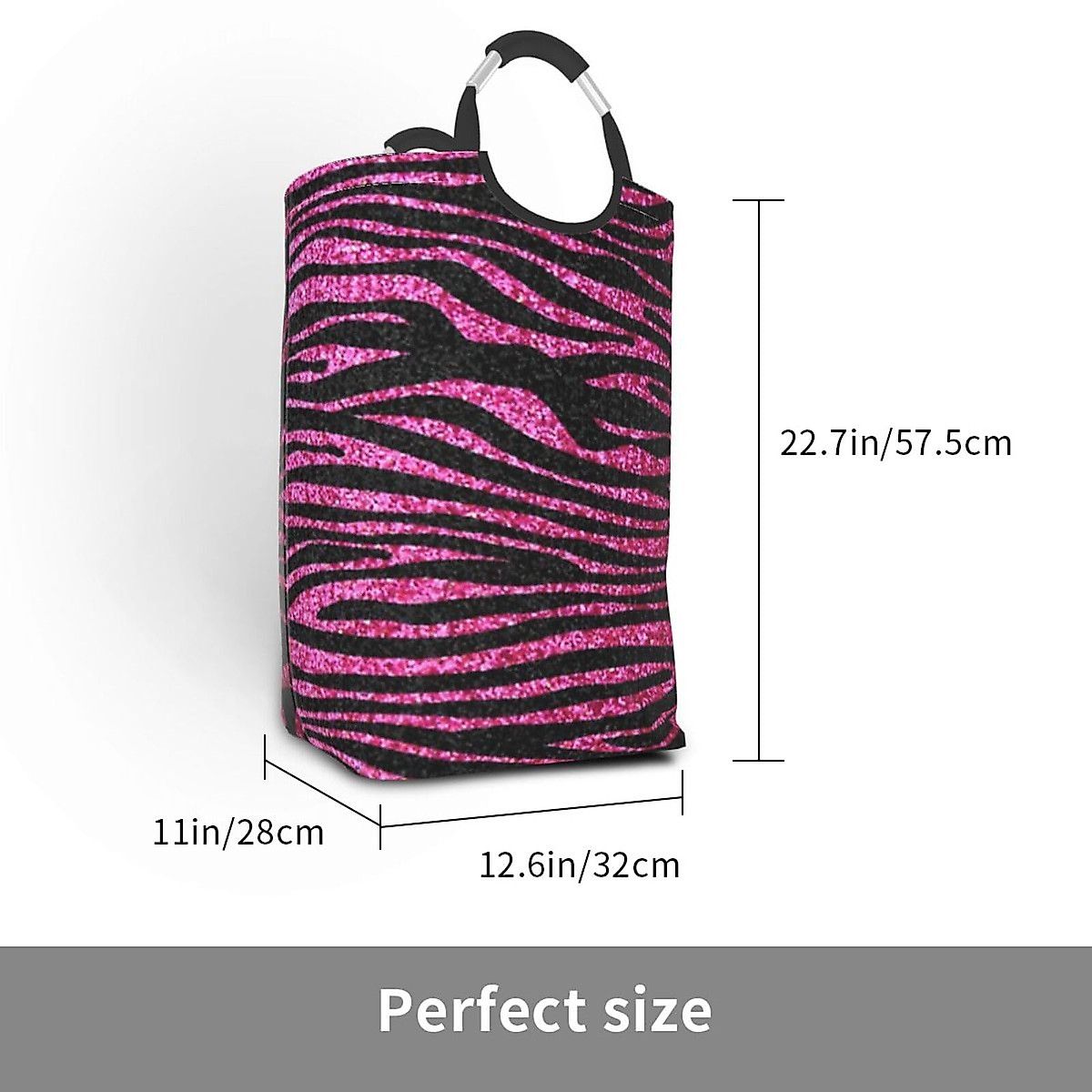 Large Laundry Hamper, Pink and Black Zebra Print Bling Faux Glitter Laundry Basket Collapsible & Waterproof Storage Basket for College Dorm, Family Essentials