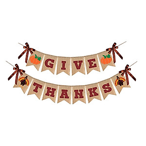 Give Thanks Burlap Banner, Thanksgiving Banner Burlap, Thanksgiving Decorations, Reusable Pre-Strung Thanksgiving Decoration for Thanksgiving Party Supplies Fireplace Mantle Home Decor