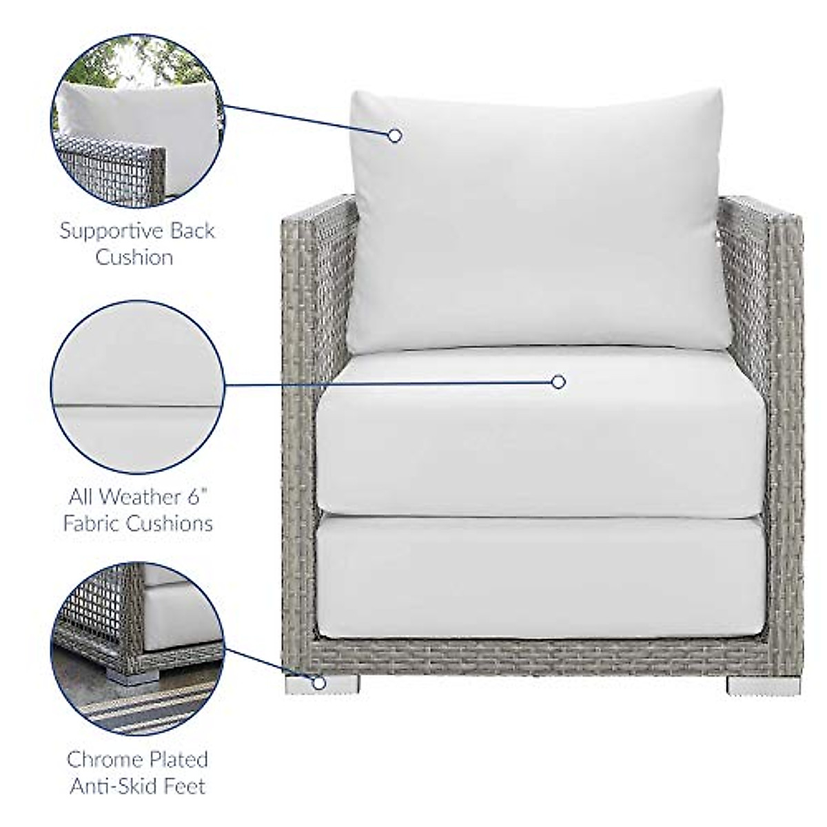 Modway Aura Wicker Rattan Outdoor Patio Arm Chair with Cushions in Gray White