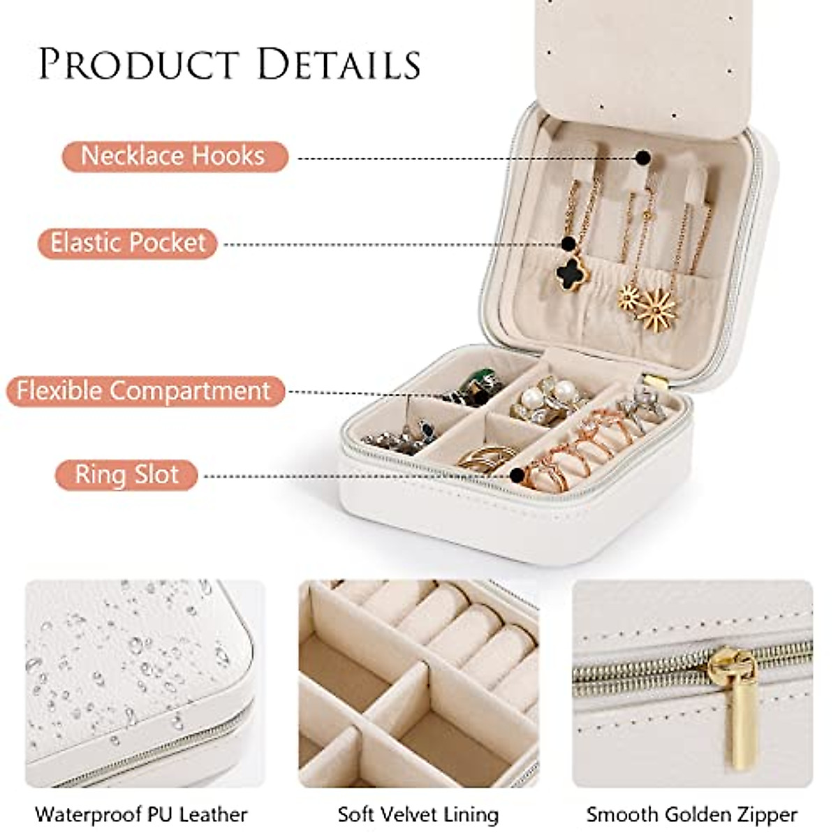 Emibele Travel Jewelry Box with Mirror, PU Leather Small Travel Jewelry Case, Travel Jewelry Organizer for Women Girls, Small Jewelry Travel Case for Rings, Earrings, Necklaces, Bracelet, White