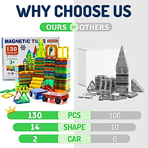 EchoPlan Magnetic Tiles, 130PCS Magnetic Blocks with 2 Cars, Magnet Tiles 3D Clear Building Blocks Set, STEM Sensory Educational Toys Gift for Toddlers Kids Boys 3 4 5 6 7 8 9+ Year Old