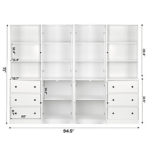 VOWNER Vertical File Cabinet, 3-Tier Modern Bookshelf with 3 Large Drawer, Wood Filing Cabinet with Open Storage Shelf, Glass Doors and Fixed Storage Shelves for Home Office, White