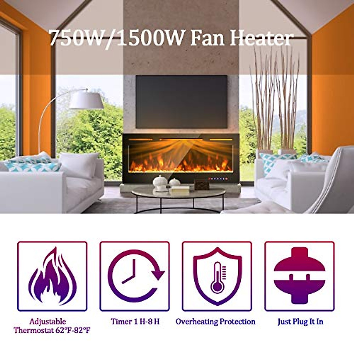 COSTWAY 50-Inch Electric Fireplace, 750W/1500W Wall Recessed and Mounted Fireplace Insert with Remote Control, 9 Flame Colors, 5 Brightness Settings, 8 H Timer, Fireplace Heater for Indoor Use