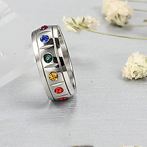 ANAZOZ Stainless Steel Wedding Bands Women and Men, 8MM Cubic Zirconia Rainbow Engraved Ring for Him and Her, Women Size 9 + Men Size 8