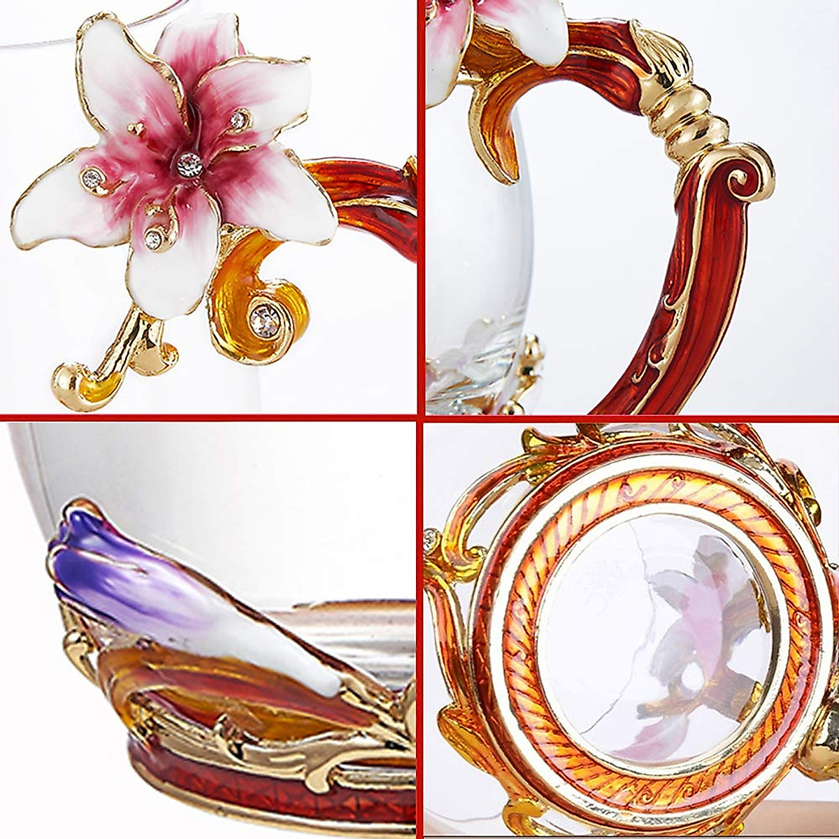 Tea Cup, Mother's Day Gifts, Gifts Coffee Mug Cups, Lily Flower Glass Tea Cup, Unique Personalized Birthday Present Ideas for Women Grandma Mom Teachers Hot Beverages 12OZ Pink