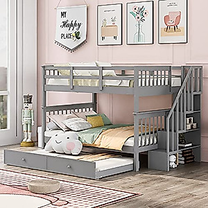 BIADNBZ Full Over Full Bunk Bed with Twin Size Trundle, Storage Stairs and Guard Rail, Solid Wood Detachable BunkBed Frame for Teen/Adults Bedroom, Gray