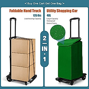 SELORSS 2-in-1 Foldable Hand Truck Utility Cart, Portable Grocery Shopping Cart with Wheels, Telescoping Handle and Removable Waterproof Bag, Collapsible Lightweight Large Capacity for Groceries