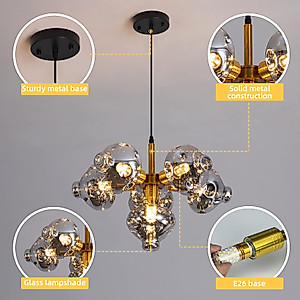 KELUOLY 6-Light Glass Chandelier, Mid Century Globe Black and Gold Hanging Ceiling Light, Smoke Grey Vintage Hanging Pendant Light for Bedroom Dining Room Kitchen Farmhouse Living Room