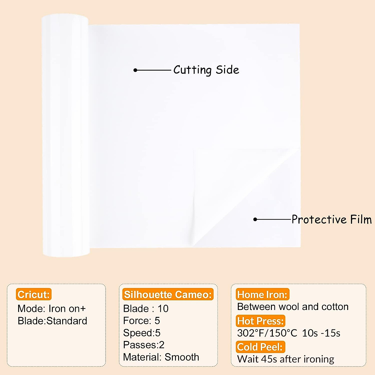 FURWEY Heat Transfer Vinyl White Iron on Vinyl-12 x 45Ft HTV Vinyl Roll Easy to Cut & Weed for Heat Vinyl Design