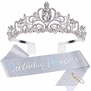LATFZ 'Birthday Princess' Silver Sash & Rhinestone Tiara Set, Silver Birthday Sash & Crystal Crown Kit for Birthday Party Favor Supply