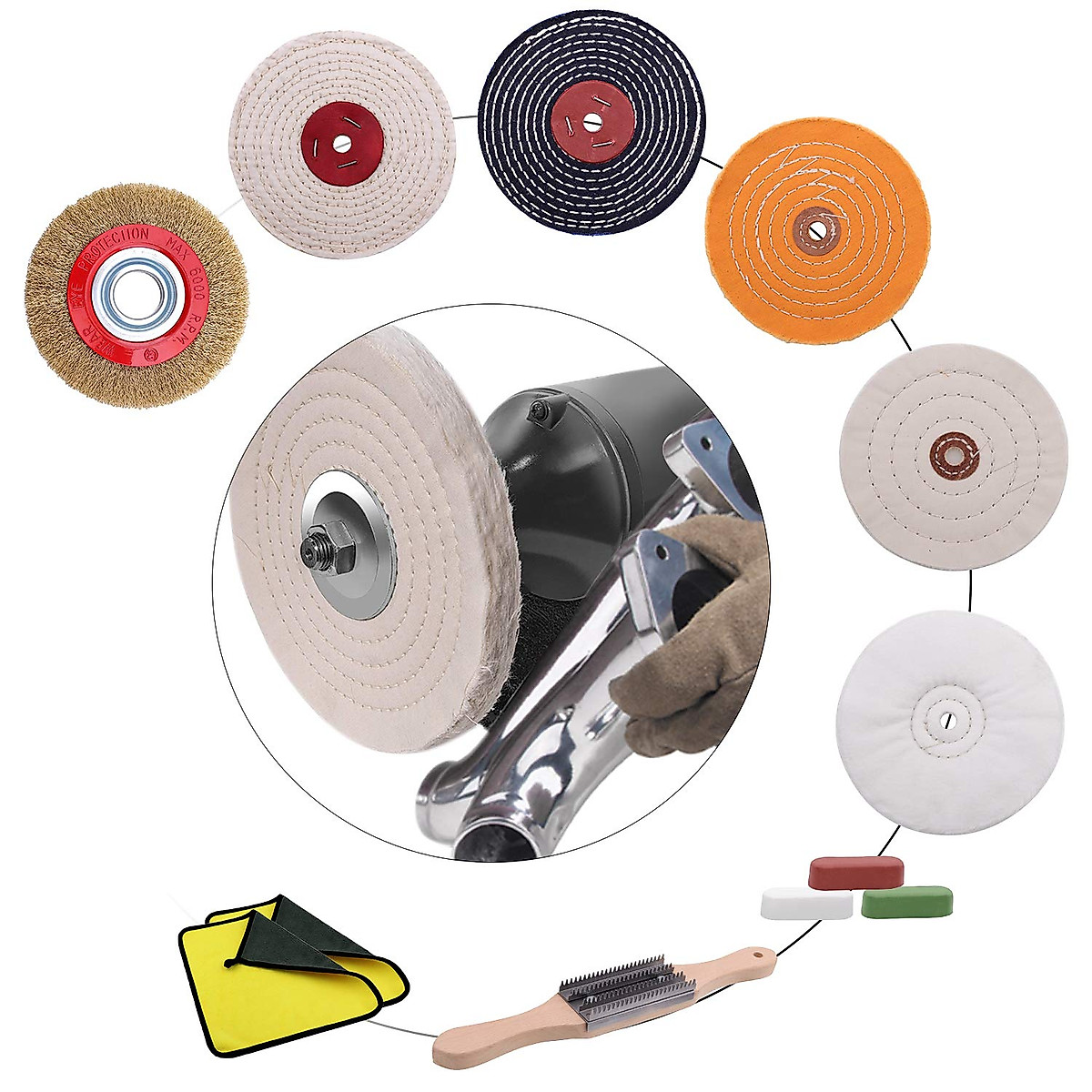 KingTool 13pcs Buffing Wheels Set - 6pcs 6" Buffing Polishing Wheel with 1/2" Arbor Hole, Crimped Wire Wheel with 1/2"-5/8" Inserts, 3pcs Polishing Compound, 15" Buffing rake, 2pcs Microfiber Towel