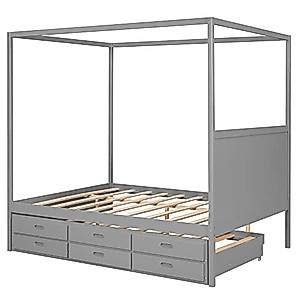 BOVZA Queen Size Canopy Platform Bed with Twin Trundle and 3 Storage Drawers, Wood Daybed Frames for Kids Teens Boys Girls,Gray