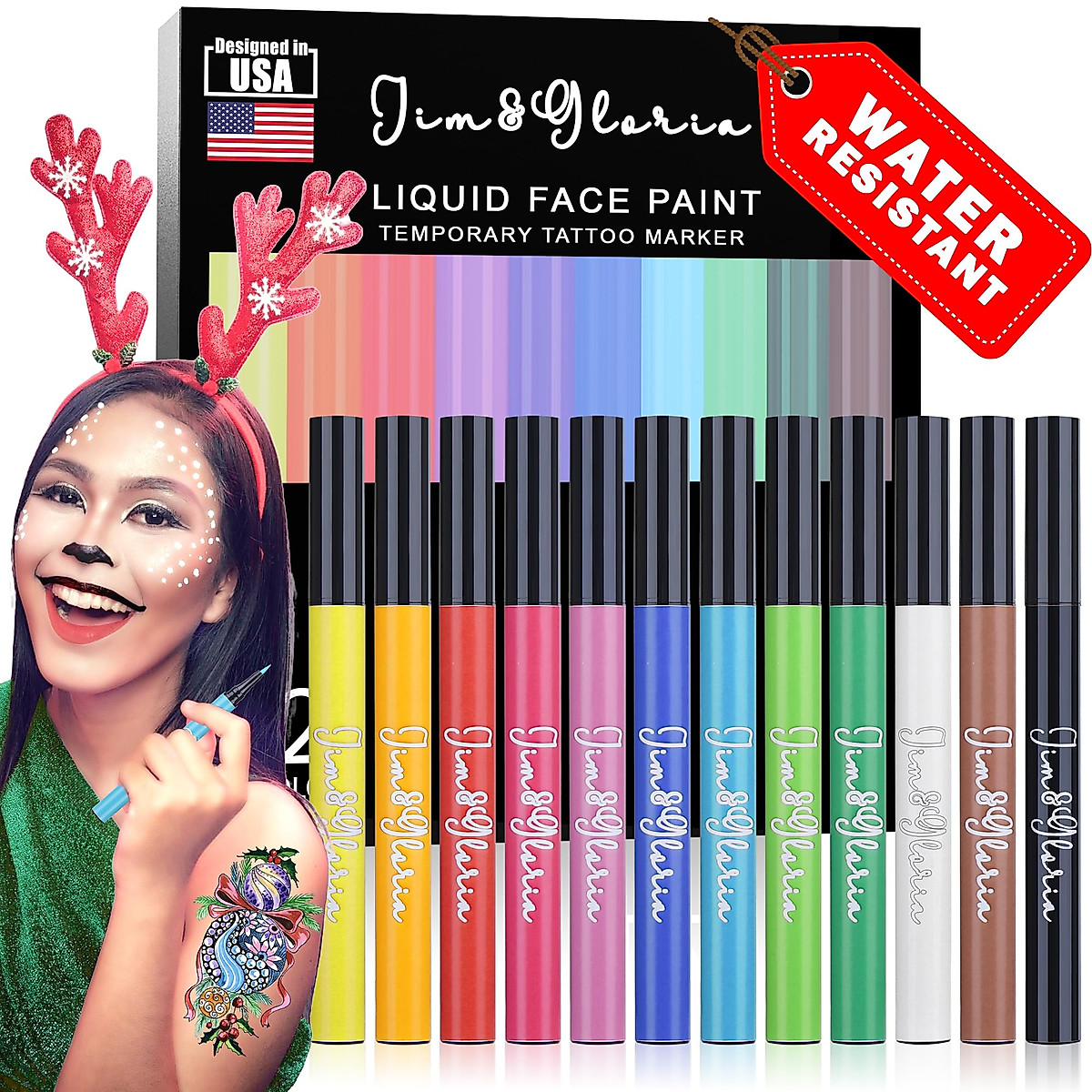 Jim&Gloria Water Resistant Face Paint Temporary Tattoo Markers for Skin Smudge Proof Body Marker Waterproof Kids Face Painting Kit - Trendy Stocking Stuffers Christmas Gifts for Teen Girls Boys Adult