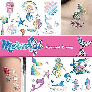 Ooopsi Mermaid Party Supplies Temporary Tattoos for Kids - 7 Large Sheet, 100+ Glitter Styles, Mermaid Party Favors and Birthday Decorations for Children Girls