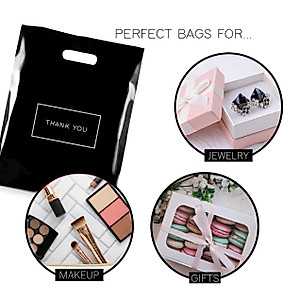 Purple Q Crafts Die Cut Plastic Shopping Bags with Thank You Logo 9" x 12" Boutique Bags with Handles 50 Pack for Merchandise, Gifts, Trade Shows and More