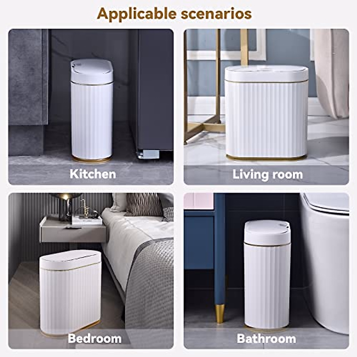 Motion Sensor Trash Can - ELPHECO 2.5 Gallon Waterproof Motion Sensor Trash Can, Bathroom Trash Can, Garbage Bin for Kitchen and Office Use, White with Golden Trim