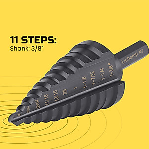 Lichamp Unibit Step Drill Bit for Metal, Genuine M2 Drill Stepper Bit for Hard Metal Heavy Duty, 11 Sizes from 1/4" to 1-3/8", Dual Straight Grooved with Hex Drive, A2BK