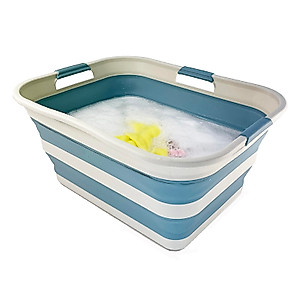 SAMMART 42L (11 gallons) Collapsible Plastic Laundry Basket - Foldable Pop Up Storage Container/Organizer - Portable Washing Tub - Space Saving Hamper/Basket (1, Grey/Sterling Blue)