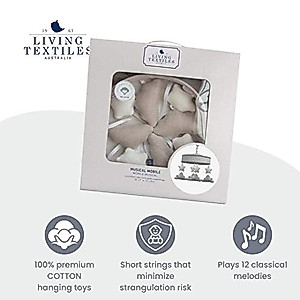 Living Textiles Baby Musical Mobile - White Stars | Crib Toy, Knitted Hanging Toys, Nursery Decor, Calming Soother with 12 Lullabies | Baby Essential and Perfect Baby Toy for Boys and Girls