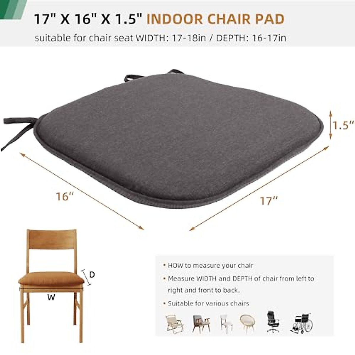 RACE LEAF Indoor Chair Cushions Dark Gray, 17" X 16" Chair Pads for Dining Chairs Set of 4, High-Density Foam Chair Seat Cushion Pads with Ties and Non-Slip Backing